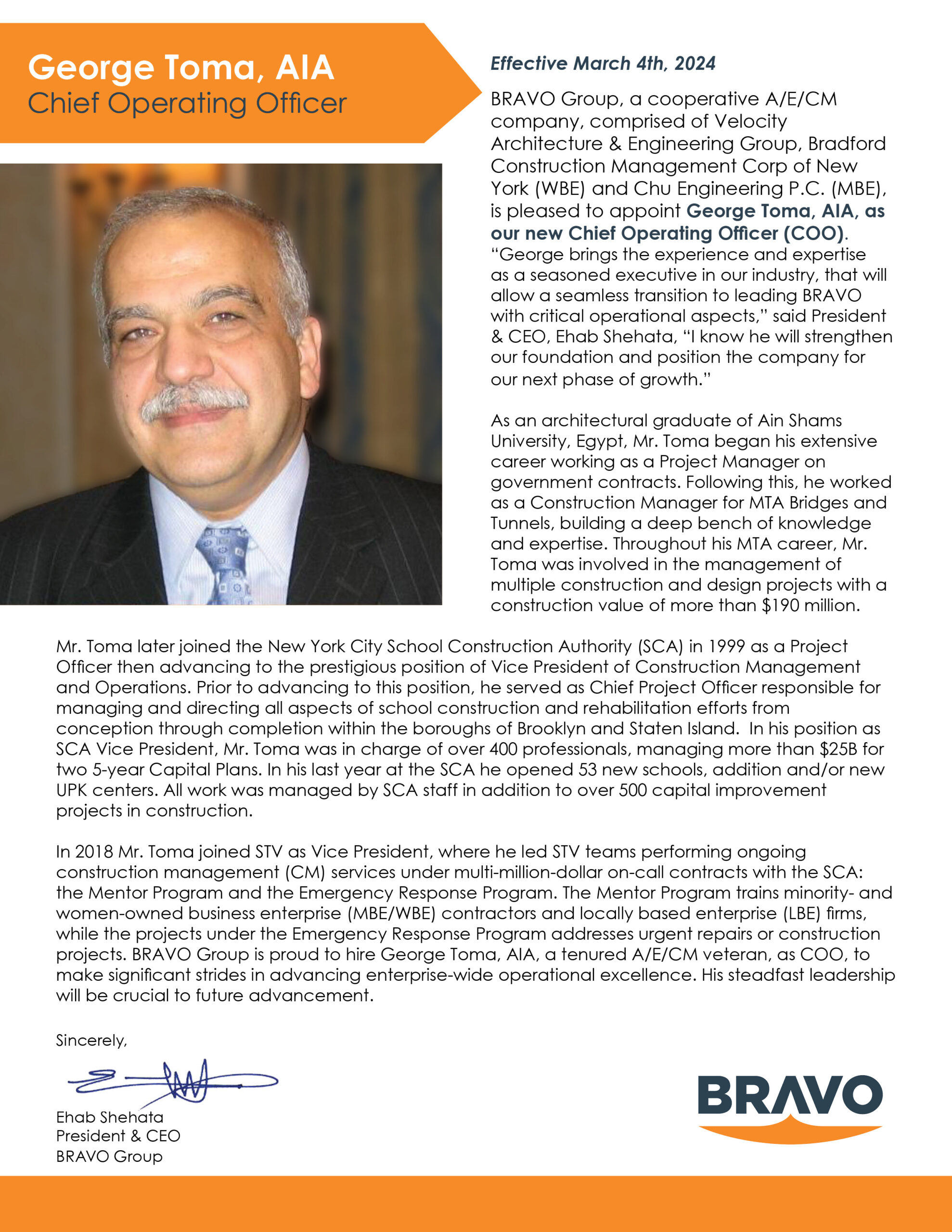 Welcome To The BRAVO Team George Toma, AIA, Chief Operating Officer ...